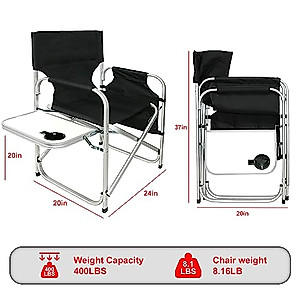 GDGYOFN Directors Chairs Foldable,Oversized Folding Chair with Side Table Cup Holder and Storage Bag, Lightweight Aluminum Outdoor Chairs, 400lbs Capacity Black
