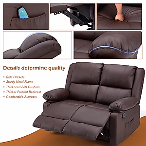 YODOLLA Recliner Loveseat with Heat and Massage Function, Wall-Hugger Reclining Sofa 2-Seater Modern Manual Control Faux Leather RV Couch, Theater Lounge Seat with Side Pockets, Brown