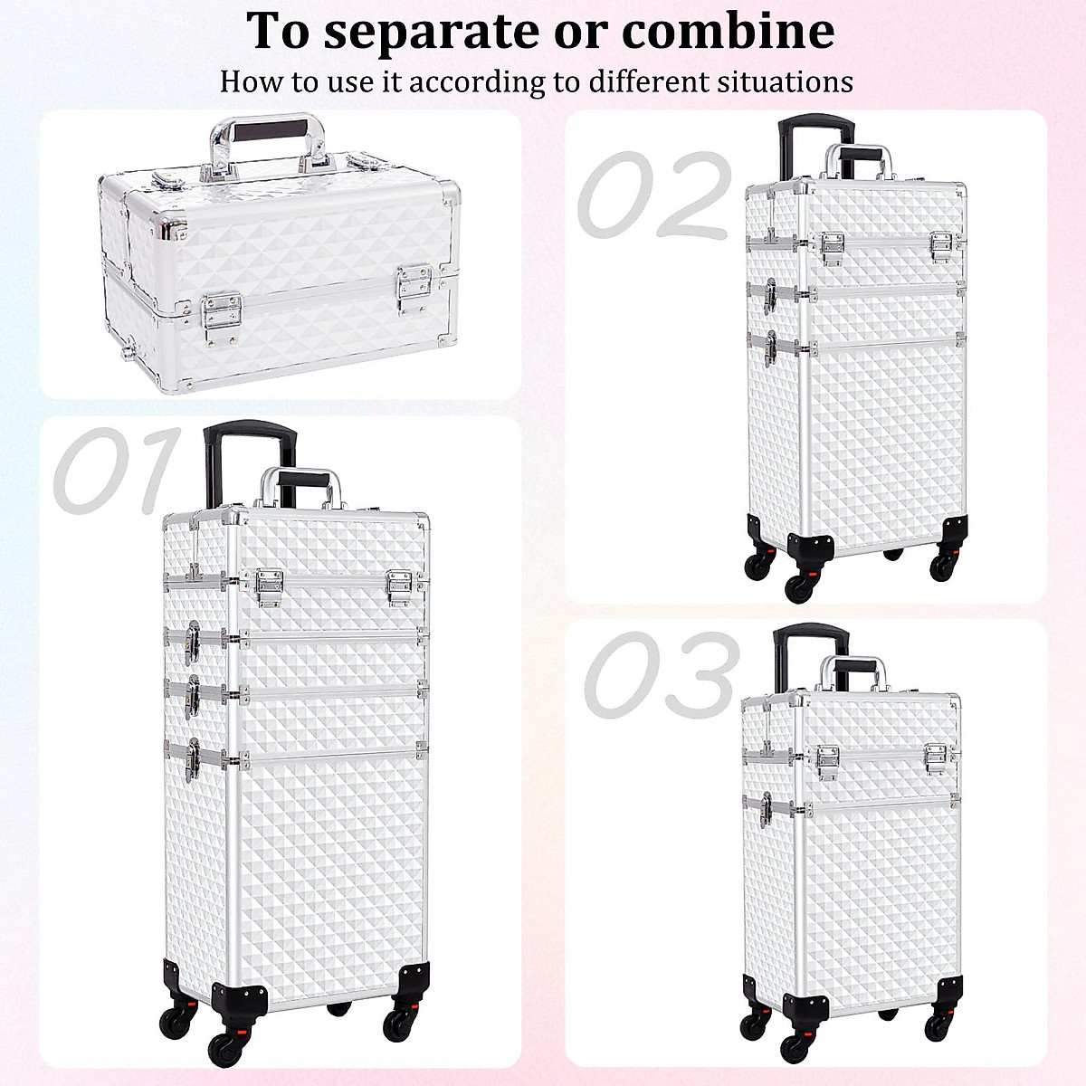 AROUS Rolling Makeup Train Case Large Storage Cosmetic Trolley 4 in 1 Large Capacity Trolley Makeup Travel Case with Key Swivel Wheels Salon Barber Case Traveling Cart Trunk, Silver