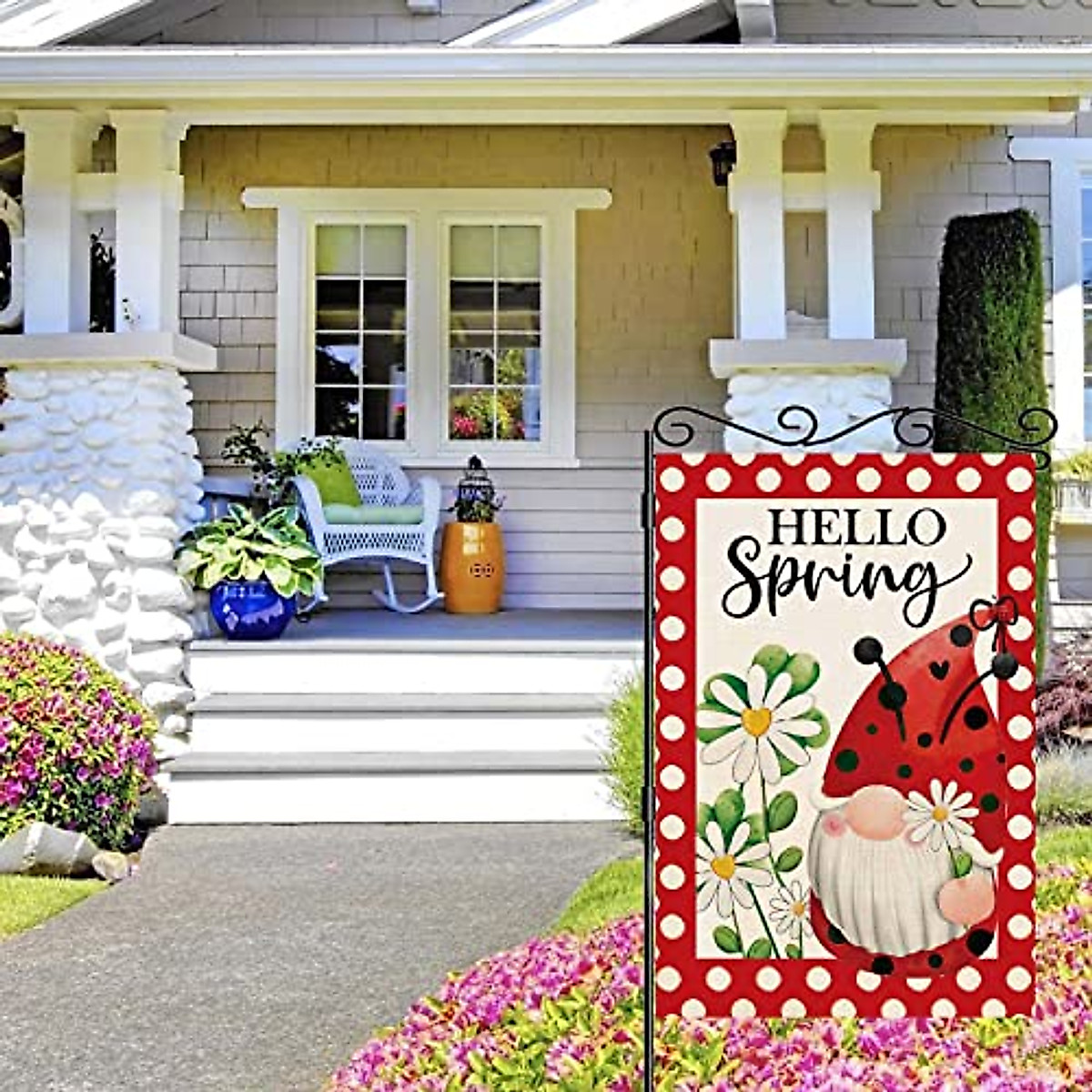 ORTIGIA Hello Spring Gnome Garden Flag Ladybug Gnome Burlap Double Sided Vertical 12x18 Inch Spring Daisy Floral Yard Decor Spring Porch Flag Farmhouse Seasonal Outdoor Flag