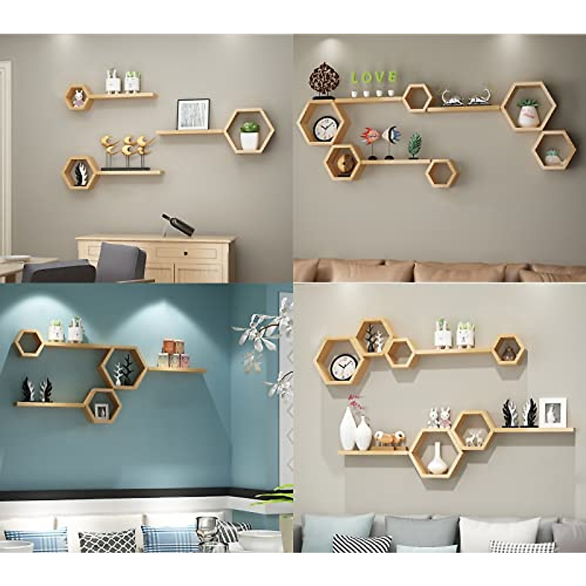 Aumneppa Hexagon Floating Shelves Set of 5, Wall Mounted Wood Farmhouse Storage Honeycomb Wall Shelf for Wall Decor, Bathroom, Kitchen, Bedroom, Living Room, Office and More (Natural)