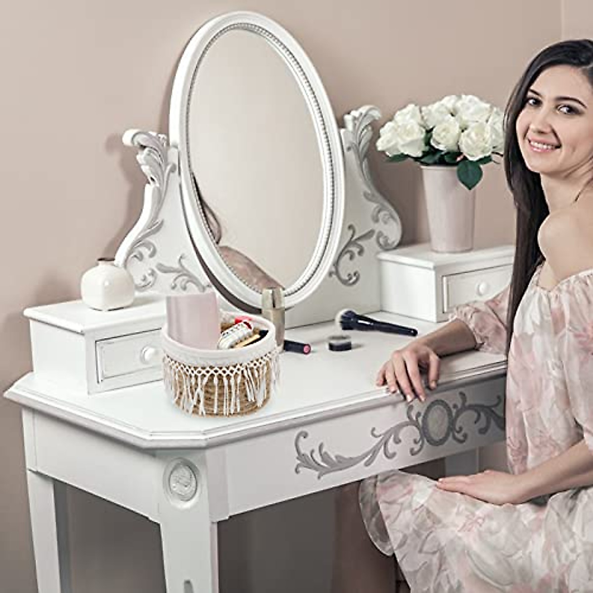 Cabilock Cotton Thread Storage Basket Boho Basket with Tassel Jute Color Farmhouse Small Laundry Basket Table Storage Braided Bin Organizer with Tassel Fringe