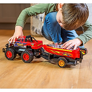 KidPlay Products Path Blazer Friction Power Monster Truck Speed Boat Hauler with Trailer