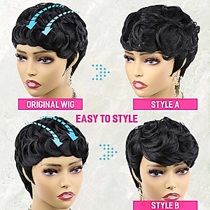 Flandi Short Pixie Cut Wigs for Black Women Natual Black Curly Pixie Wigs with Bangs Short Wigs Human Hair Wigs Short Curly Layered Pixie Wig for Women (Short Pixie Wavy 1B#)