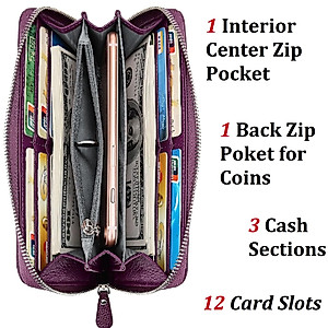 YALUXE Real Leather Zip Around Wallets for Women Wristlet Handbag Cell Phone Purse Card Holder RFID Blocking Protection