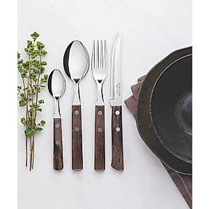 Tramontina Cutlery Set with Steak Knives, 24 Piece Sharp Knife, Forks, Teaspoons, Tablespoons with Wooden Handles, ‎Camping, Kitchen, Rustic, Dishwasher Safe, 21199905