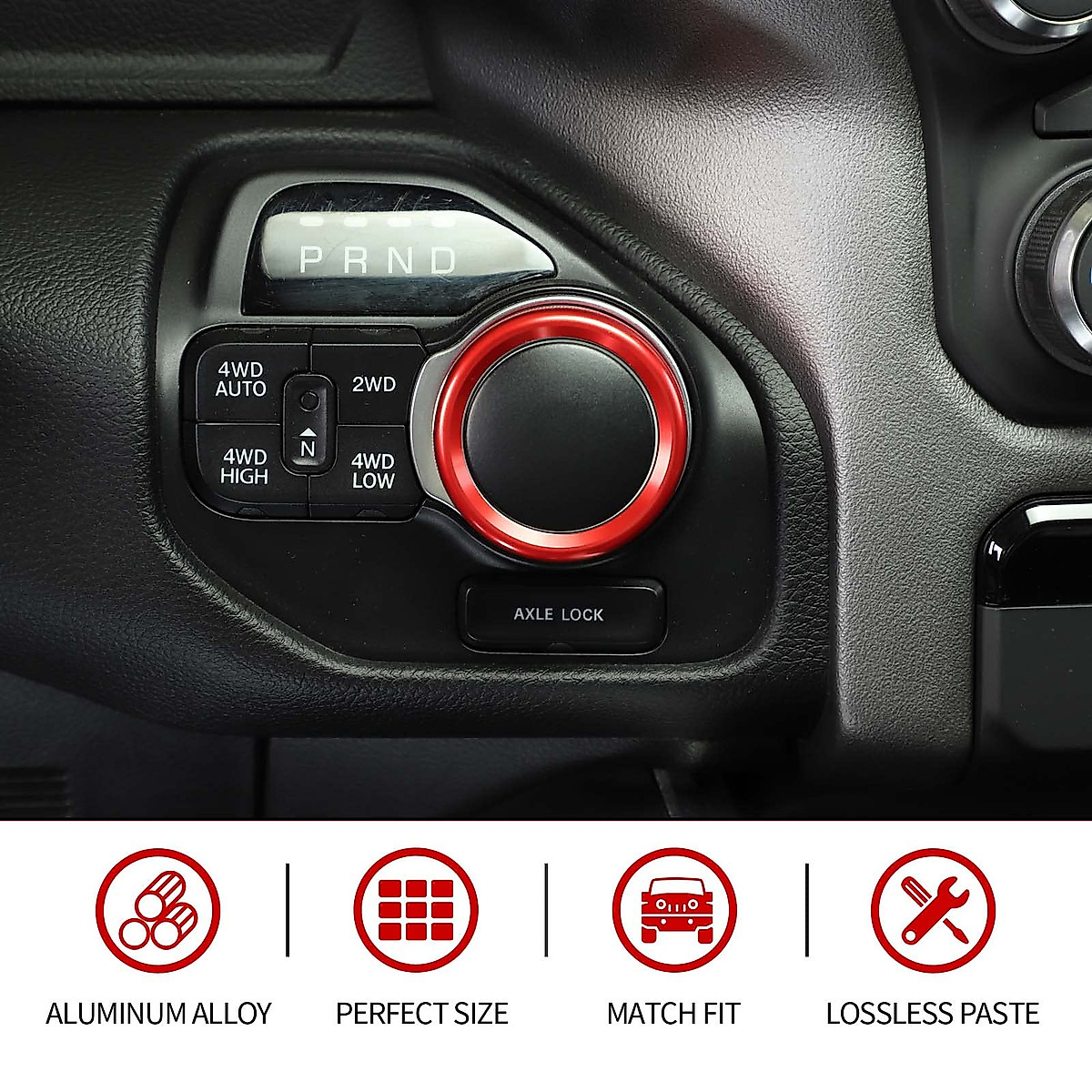 CheroCar for Dodge RAM Aluminum Center Console 4WD Switch Knob Button Cover for 2018-2023 Dodge RAM,Red…