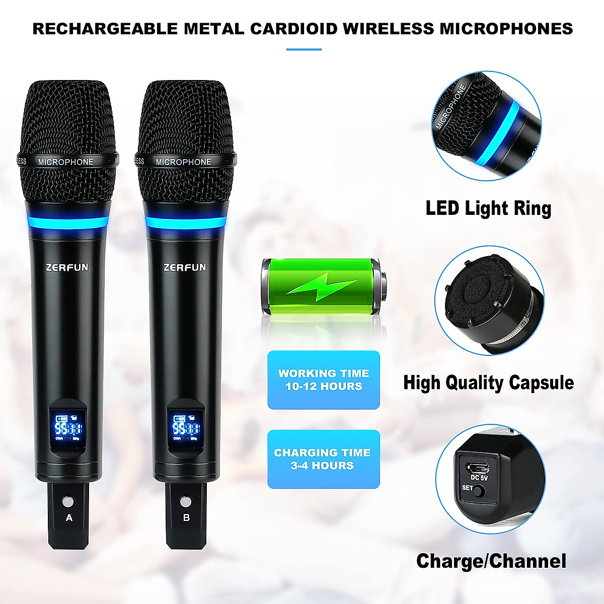 ZERFUN 4 Channel Rechargeable Wireless Microphone System, Pro UHF Metal Handheld Wireless Microphones Cordless Mics for Karaoke Singing Church with VOL Control, 4x50 Adjustable Frequency(G8)