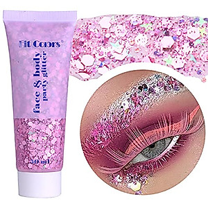 Paminify Pink Face Glitter Gel,Singer Concerts Music Festival Rave Accessories,Mermaid Body Glitter Gel,Self-Adhesive Liquid Sequins Glitter Face Eye Lip Hair Makeup,Sparkling Chunky for Women,50ML