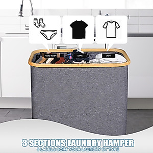 3 Section Laundry Hamper with Lid and Removable Bags, 160L Extra Large Foldable Laundry Basket Waterproof Dirty Clothes Basket Organizer for Closet Bathroom, Bedroom & Laundry Room (Grey)