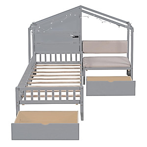 Twin House Bed for Kids, House Platform Bed with Upholstered Sofa, Charging Station, Wireless Charging, Storage Shelves and Two Drawers, Light Strip Included, Gray
