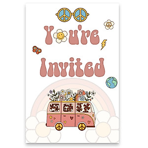 Soiceu First Birthday Groovy One 1st Birthday Party Invitations with Envelopes Set of 20 Boho 70's Hippie Van Bus 1st Birthday Party Invites Fill in Blank