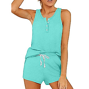 Dofaoo Womens Two Piece Outfits Cute Green Short Sets Henley Tank Tops Loose Fit Summer XL