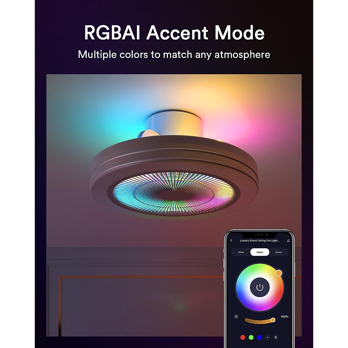 Lumary Smart WiFi & Bluetooth Ceiling Fan with RGBAI Light, 18 Inch, 6 Speeds, Reversible - Compatible with Alexa, Google Assistant, Remote Control