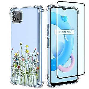 GTBDEKI Phone Case for Realme C20/Realme C20A/Realme C11 2021 Case RMX3063 Case with Screen Protector, Clear Case with Flower Garden Patterns Protective Phone Cover for Oppo Realme C20 Flower Bouquet