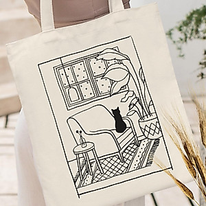 Andeiltech Canvas Aesthetic Tote Bag for Women Cute Cat Tote Bag with Inner Pocket Cats Shoulder Book Bag Gift Shopping Reusable Grocery Bags