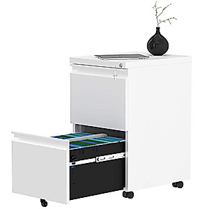 YITAHOME 2-Drawer Vertical File Cabinet with Lock, 20” Deep Mobile Metal Filing Cabinet for Legal/Letter Size, 20” Height Pre-Built Office Storage File Cabinet Except Wheels Under Desk - White