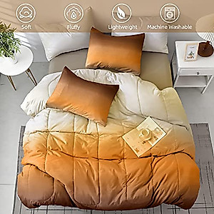 Gradient Brunt Orange Comforter Set Queen 7 Pieces Ombre Abstract Bed in a Bag Set for All Season - Lightweight Microfiber Bedding Set with Comforter, Pillowcases, Pillow Shams, Flat/Fitted Sheet