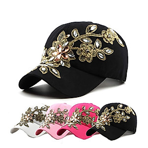 Gudessly Bling Women Baseball Cap Flower Snapback Rhinestone Sun Hats Adjustable Denim Jeans Hat