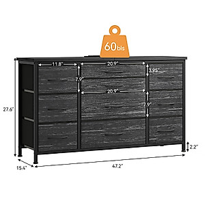 Jojoka Wide Dresser with 10 Large Drawers for 55'' Long TV Stand with Power Outlet Entertainment Center, Storage Fabric Drawer Unit for Bedroom, Closet, Entryway, Sturdy Metal Frame, Black willow