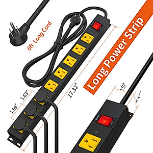 8 Outlet Long Power Strip, 2100J Surge Protector Heavy Duty 6FT Cord Wide Spaced and Wall Mount Metal Powerstrip for Home Office Garage Workshop