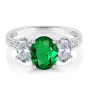 Gem Stone King 10K White Gold Green Nano Emerald White Topaz and White Diamond Oval 3-Stone Engagement Ring For Women (2.00 Cttw, Gemstone May Birthstone, Available In Size 5, 6, 7, 8, 9)