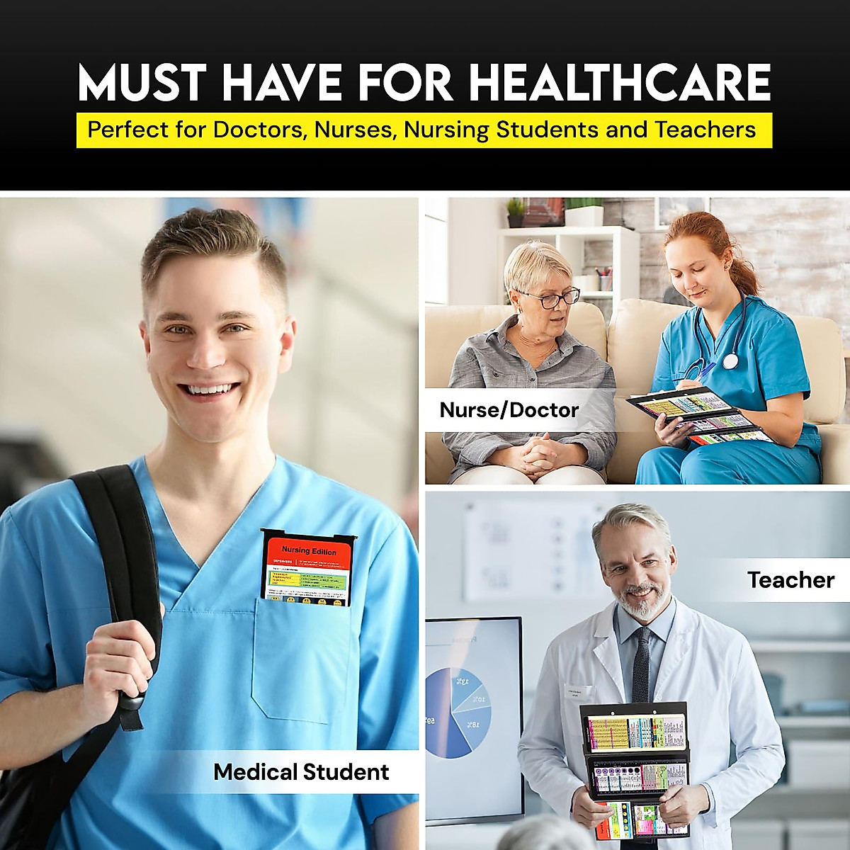 Nursing Clipboard with Nursing and Medical Edition Cheat Sheets 3 Layers Aluminum Foldable Nurse Clip Boards Notepad for Students, Nurses and Doctors (Black)