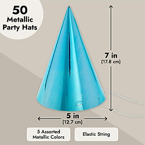 BLUE PANDA 50 Pack Birthday Party Cone Hats for Kids and Adults, Bulk Set in 5 Colors (Metallic Blue/Green/Gold/Silver/Hot Pink)