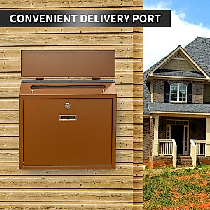 Yoocabinet Mailbox Wall Mount,Large Capacity Locking Mailbox for Outside,Galvanized Steel Cover and Rust-Proof Metal Post Box L Brown