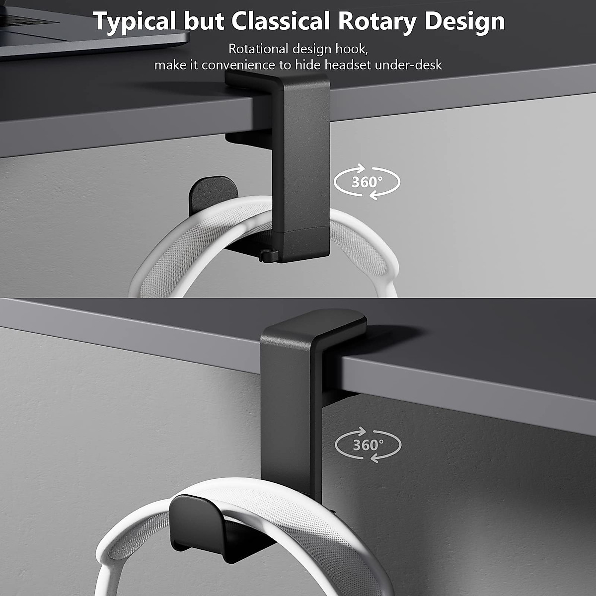 Rotating Headphone Stand - EURPMASK PC Gaming Headset Stand, Adjustable Clamp-on Headphone Holder, Headphone Hanger Hook Under Desk with 360 Degree Swivel&Cable Clip Organizer - Black, 2 Pack