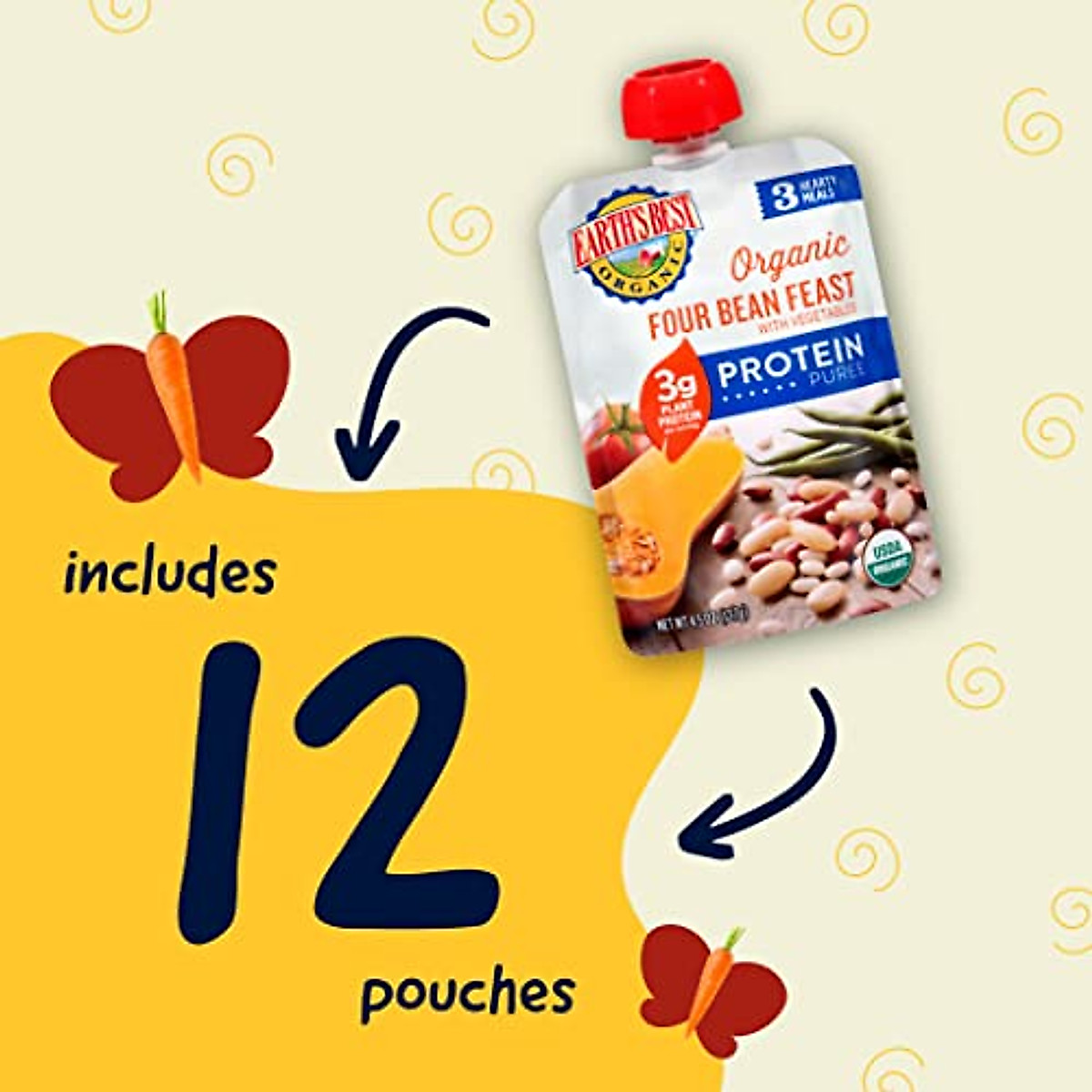Earth's Best Organic Toddler Food Pouches, Toddler Protein Puree for Kids 2 Years and Older, Organic Four Bean Feast, 4.5 oz Resealable Pouch (Pack of 12)