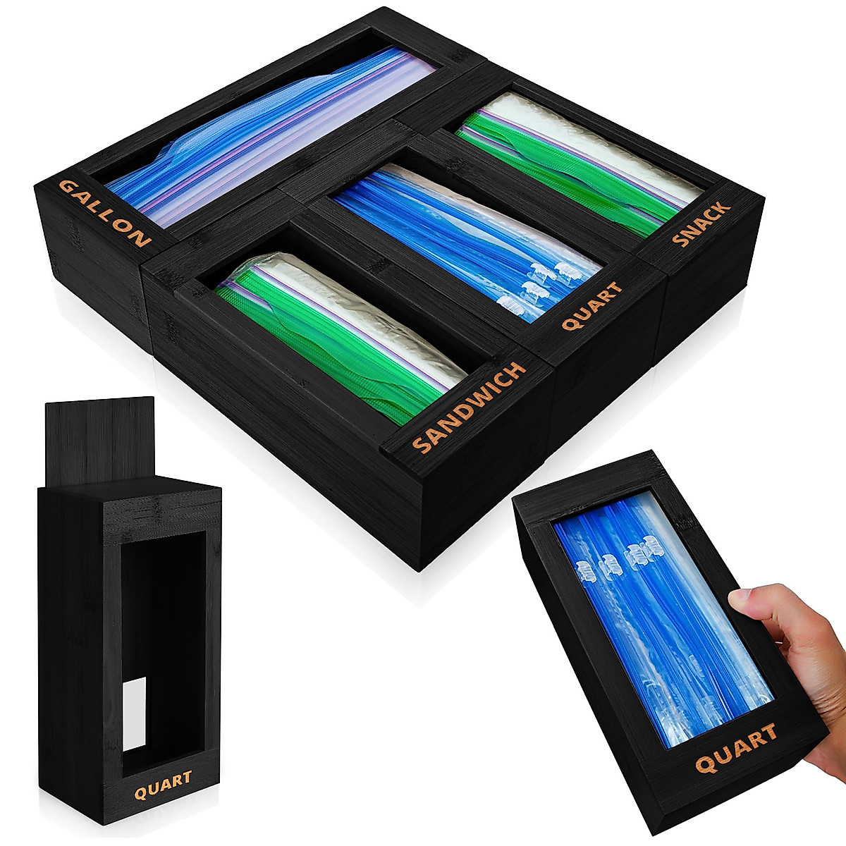 mHomeBilt Bag Storage Organizer - Bamboo Food Plastic Baggie Holder, Dispenser, and Container for Kitchen Drawer - Fits Major Brand's Gallon, Quart, Sandwich & Snack Sized Slider Bags (Black)