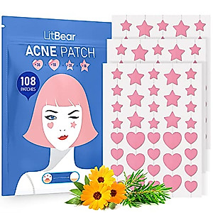 LitBear Acne Patch Pimple Patch, Pink Heart & Star Shaped Acne Absorbing Cover Patch, Hydrocolloid Acne Patches For Face Zit Patch Acne Dots, Tea Tree Oil + Centella (108 Count (Pack of 1))