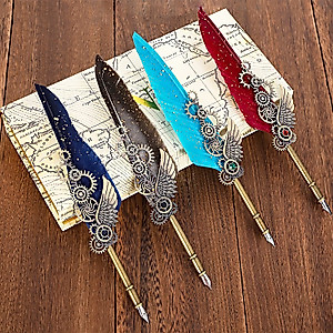 NC Feather Quill Pen Set - Includes 5 Ink Bottles, 6 Nibs, Mechanical Quill Pen for Calligraphy, Writing Letters, Signing, Invitations Etc (Grey)