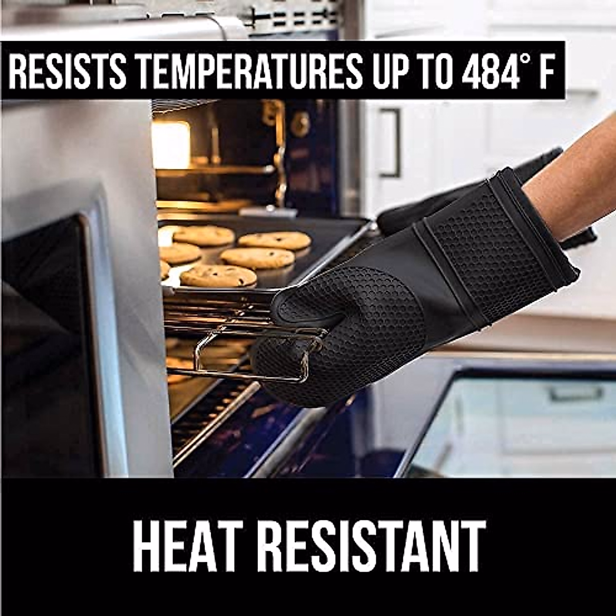 Gorilla Grip Cutting Board Set of 3 of and Silicone Oven Mitts Set of 2, Black Cutting Boards are Dishwasher Safe, Black Silicone Oven Mitts are Waterproof, 2 Item Bundle