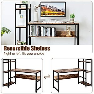 Tangkula 59-Inch Computer Desk with Bookshelf, Home Office Desk with Storage Bookshelf, Metal Frame & Adjustable Foot Pads, Space Saving Computer Workstation Study Writing Desk