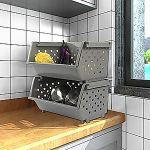 Callyne Gray Plastic Stacking Organizer Basket, Stackable Storage Basket, Set of 3