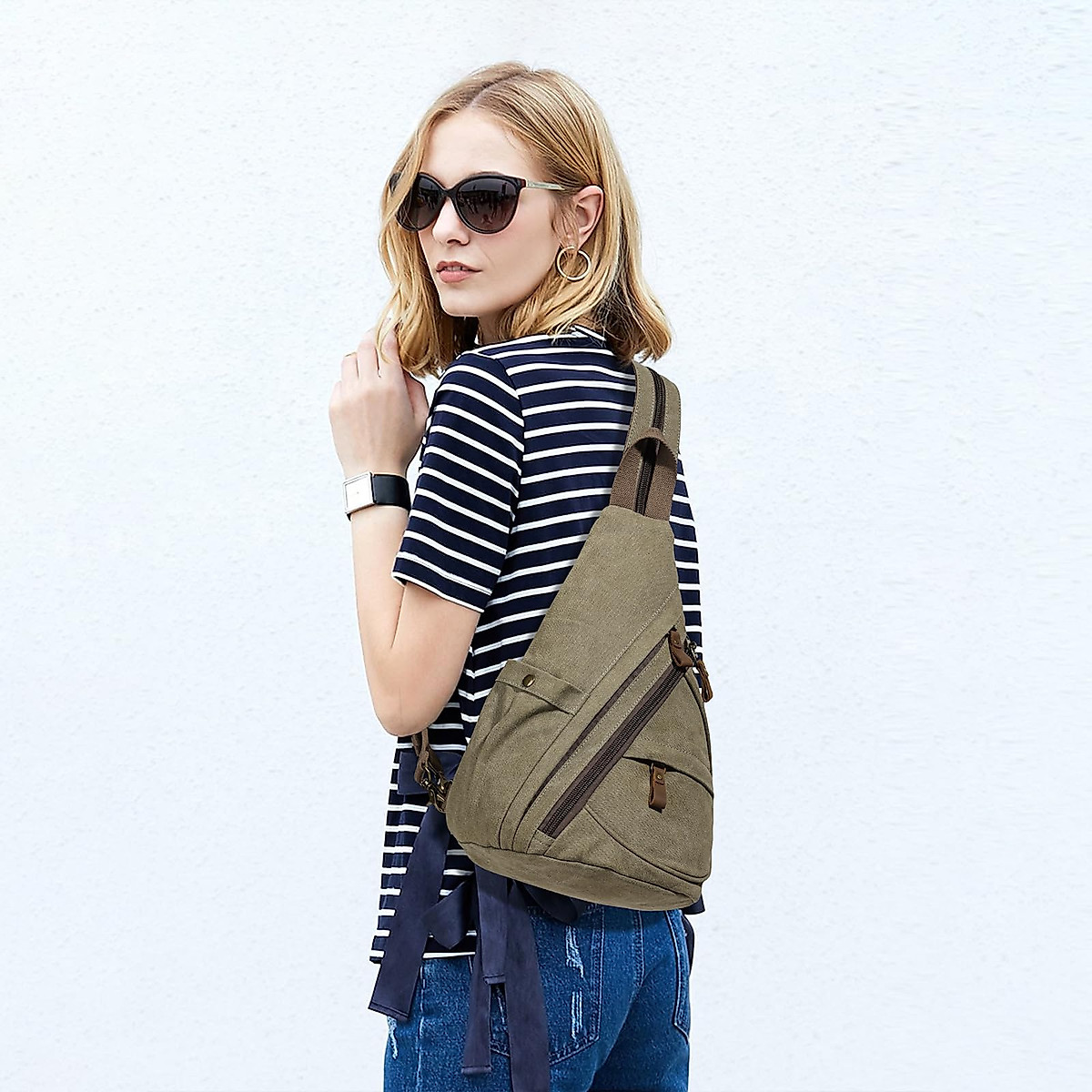 Canvas Sling Bag - Small Crossbody Backpack Shoulder Casual Daypack Rucksack for Men Women Outdoor Cycling Hiking Travel