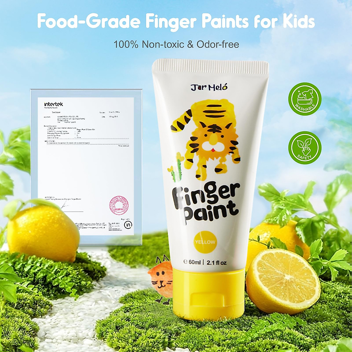 Jar Melo Washable Finger Paints for Toddlers, 7 Colors Large Capacity (2.1fl oz), Non Toxic Baby Paint for Hand and Feet, Safe Art Supplies, Preschool Learning Gifts for Kids Age 2+