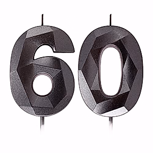 60th Birthday Candle, 3.11" Oversized 3D Diamond Shape Glitter Digital Cake Topper for Wedding Anniversary, Kids and Adult Party Celebrations, Birthday Themed Parties, Home Baking (Black )
