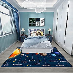 Boys Space Area Rugs for Bedroom Educational Learning Large Carpet Rug Indoor Sofa Floor Mats Solar System Space Theme Living Bedroom Dining Room Decor Crystal Polyester Area Rug Door Mats, 3'×5'