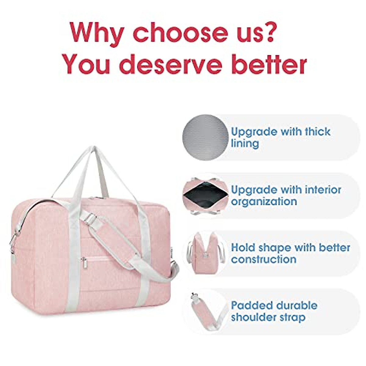 For Spirit Airlines Personal Item Bag 18x14x8 Foldable Travel Duffel Bag Tote Carry on Luggage Duffle Overnight for Women and Men 30L(Pink)