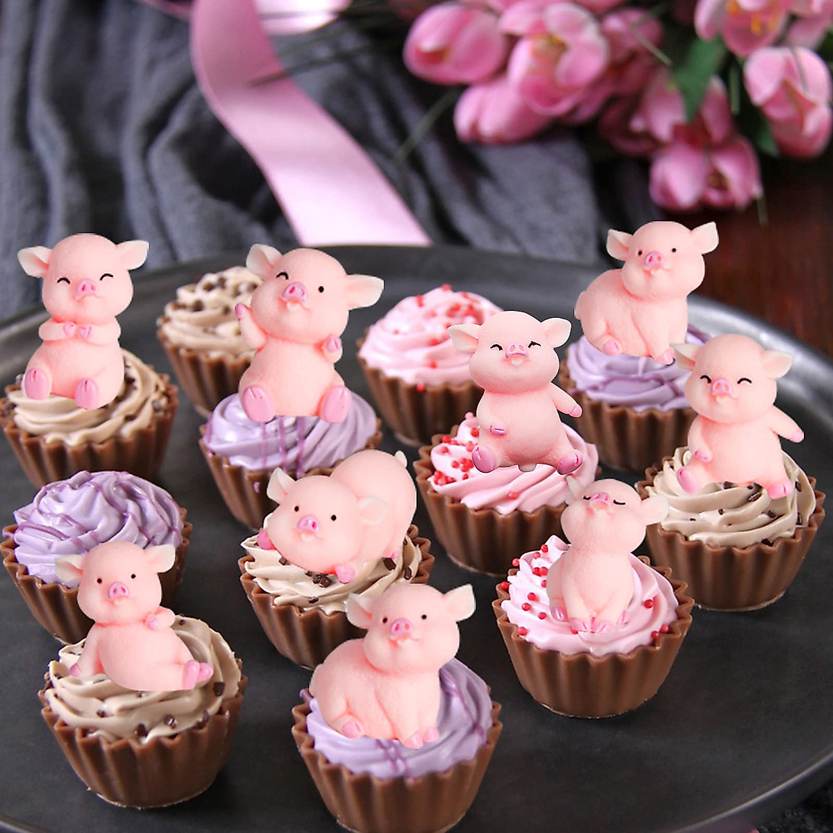 8pcs Miniature Pig Figurines, Pig Cake Topper Cupcake topper, Mini Pig Cerdo Characters Toy, Pig Cake Decorations for Kids Birthday Baby Shower Pig Theme Party Supplies