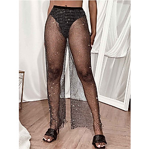 Wosois Mesh Fishnet Pants Black Rhinestone See Through Leggings Crystal Cover Up Rave Festival Nightclub Party Summer Beach Clubwear Body Accessories Jewelry for Women and Girls (110cm)