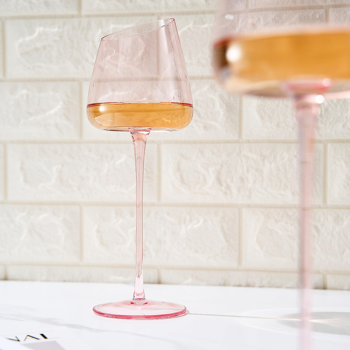 Khen Pink Wine Glasses Gift | Set of 2 | Blush Colored 18oz Slanted Glassware, Tall Stemmed Glass, Water, Gifts Wife, Girlfriend, Women, Birthday, Wedding, Anniversary, Mother's Day