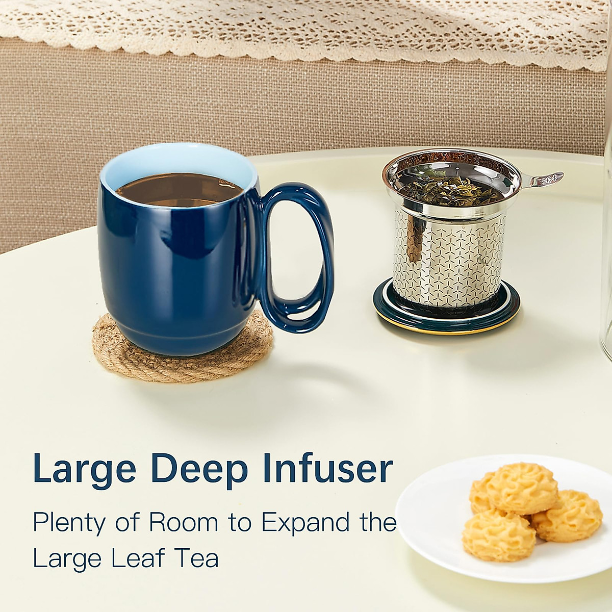 ZENS Tea Cup with Infuser and Lid, 16 Ounces Entwined Handle Porcelain Mug, Loose Tea Steeping Mug with Gold Trim Lid for Tea Gift/Navy Blue 480ML