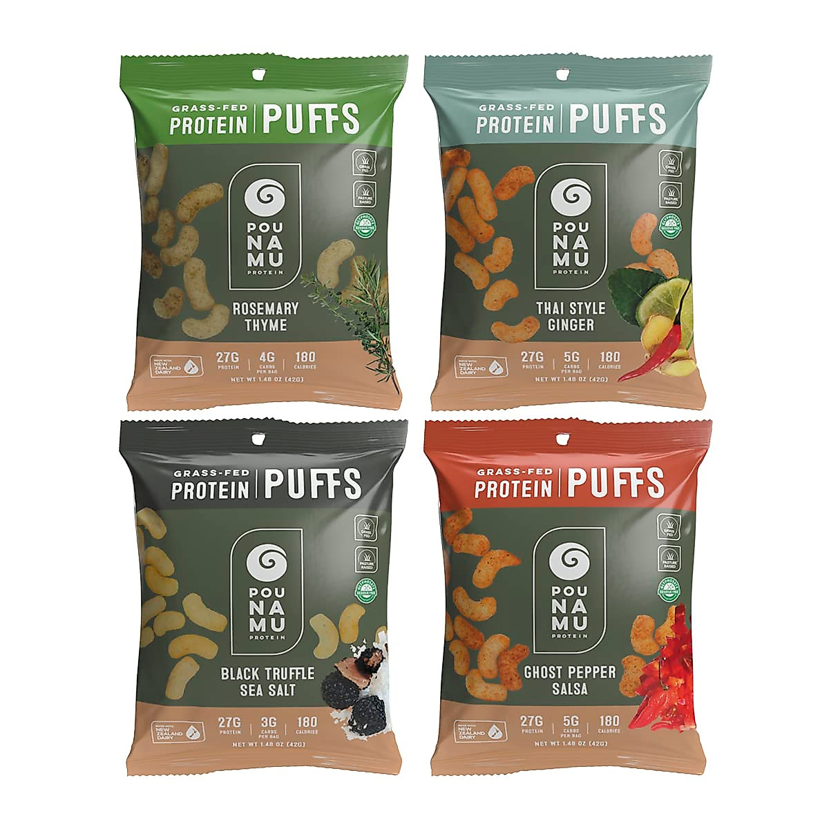 Pounamu Protein Puffs | Sample, Variety Pack | 27g Grass-Fed, Free-Range New Zealand Dairy Protein and 180 calories per bag | Delicious gourmet flavors | 1.48 Ounce (42g) x 4 pack