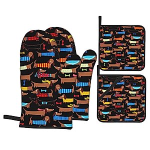 Cute Dachshund Oven Mitts and Pot Holders Set Funny Dogs Print Kitchen Gloves Heat Resistant Hot Pads for Microwave BBQ Cooking Baking Grilling (4pcs)