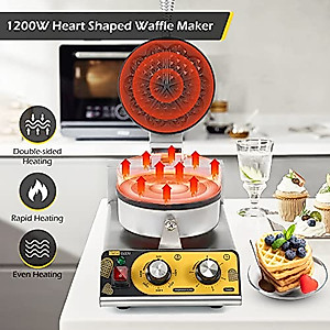 Dyna-Living Commercial Waffle Maker Heart-shaped Waffle Iron Machine 1200W Electric Waffle Machine for Home Use, Non-Stick Round Waffle Baker Maker with 122-482℉ Temp Range and Time Control (5-Heart)