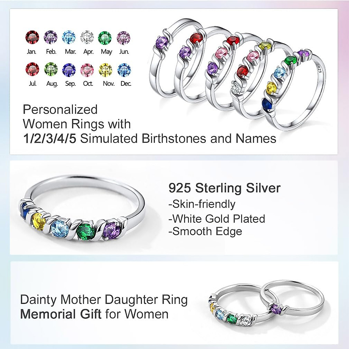 Custom4U Sterling Silver Personalized Mothers Rings Gifts for Mother’s Day with 4 Birthstones Custom Family Name Ring Jewelry for Women Mom Grandmother